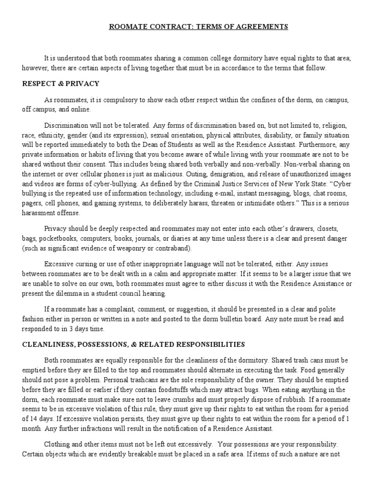 College Roommate Contract Draft | PDF | Dormitory | Roommate