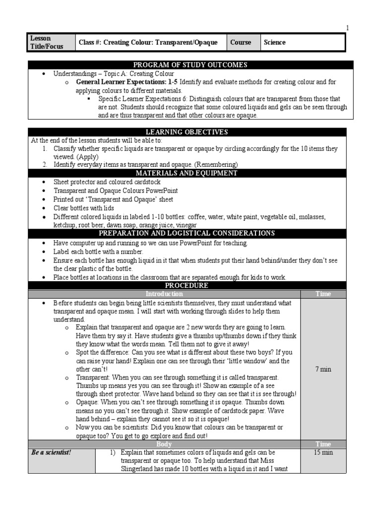 Creating Color Transparent and Opaque | PDF | Color | Classroom