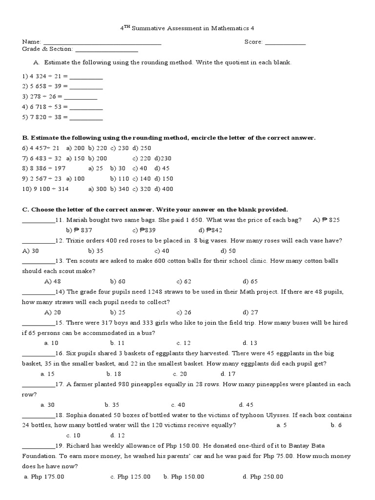 Grade 4 Math 4th Quarter Test | PDF