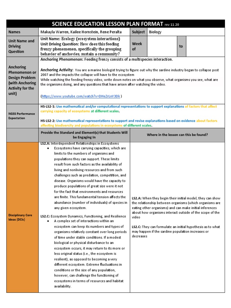 Science Education Lesson Plan Format: Makayla Warren, Kailee Hornstein ...