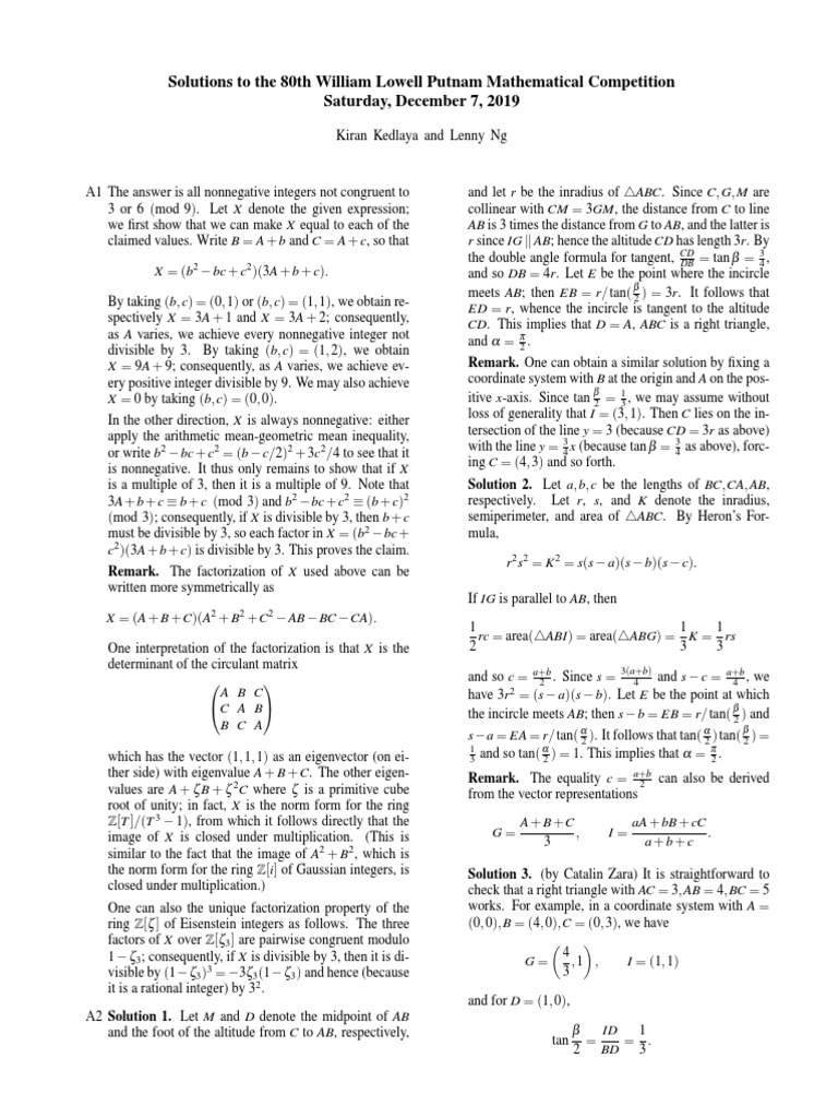Solutions To The 80th William Lowell Putnam Mathematical Competition ...