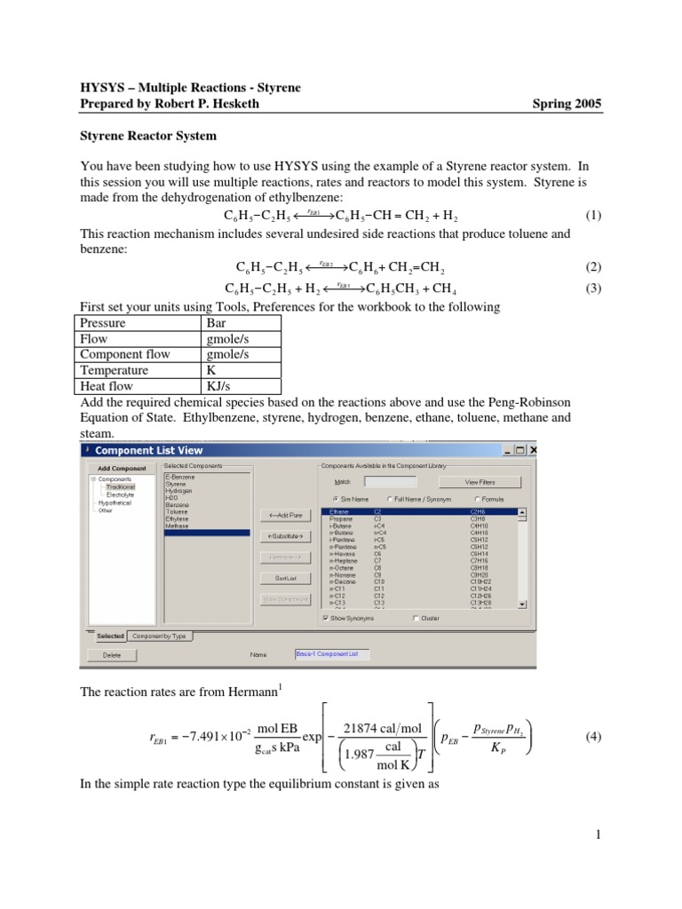 Styrene Reactor System Simulation in HYSYS | PDF | Chemical Reactor ...