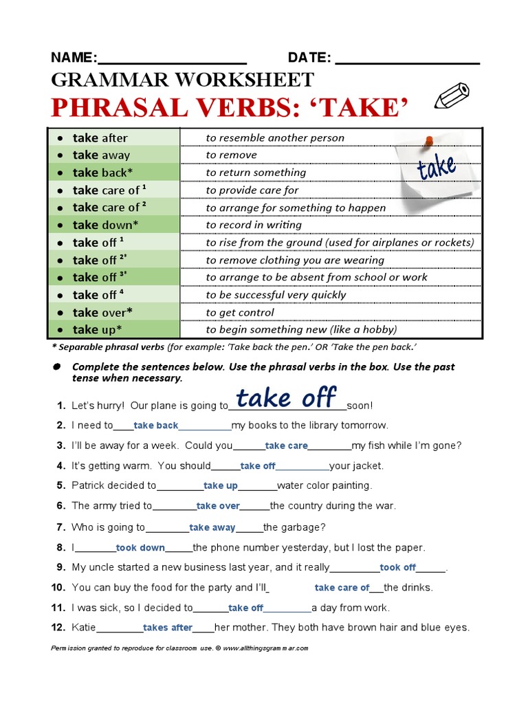 Phrasal Verbs: Take': Grammar Worksheet | PDF