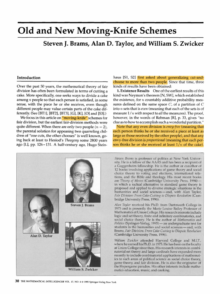 Old and New Moving-Knife Schemes: Steven J. Brams, Alan D. Taylor, and ...