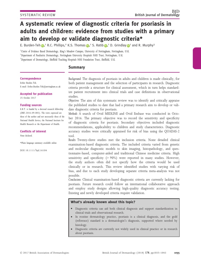 A Systematic Review of Diagnostic Criteria For Psoriasis in Adults and ...