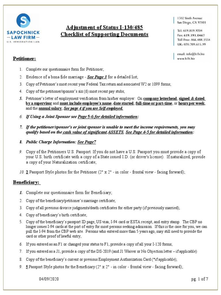 Adjustment of Status I-130/485 Checklist of Supporting Documents | PDF ...
