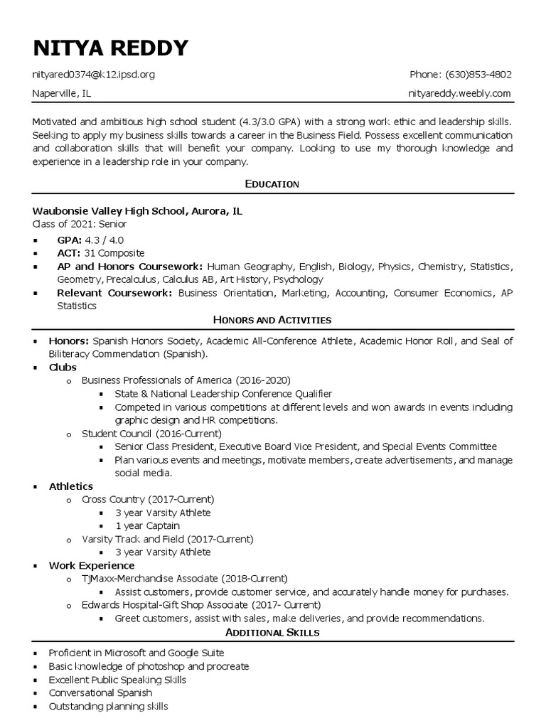High School Student Resume: Business Focus | PDF | Business | Further ...