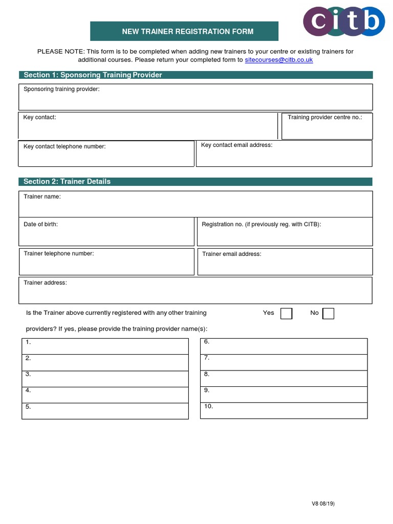 New Trainer Registration Form: Sitecourses@citb - Co.uk | PDF ...
