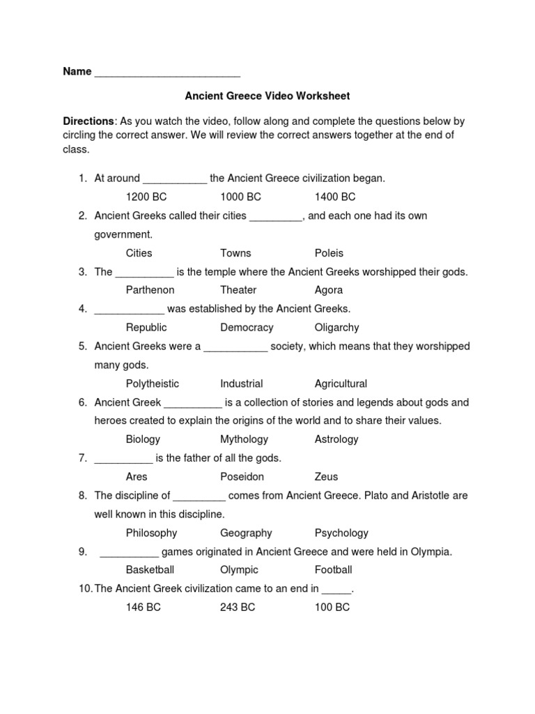 Name - Ancient Greece Video Worksheet Directions: As You Watch The ...