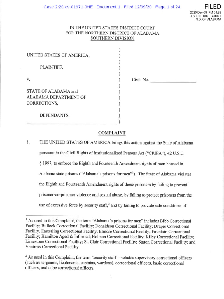 Department of Justice Lawsuit Against Alabama Department of Corrections ...