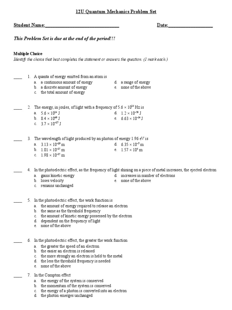 12U Quantum Mechanics P-Set | PDF | Photoelectric Effect | Electronvolt