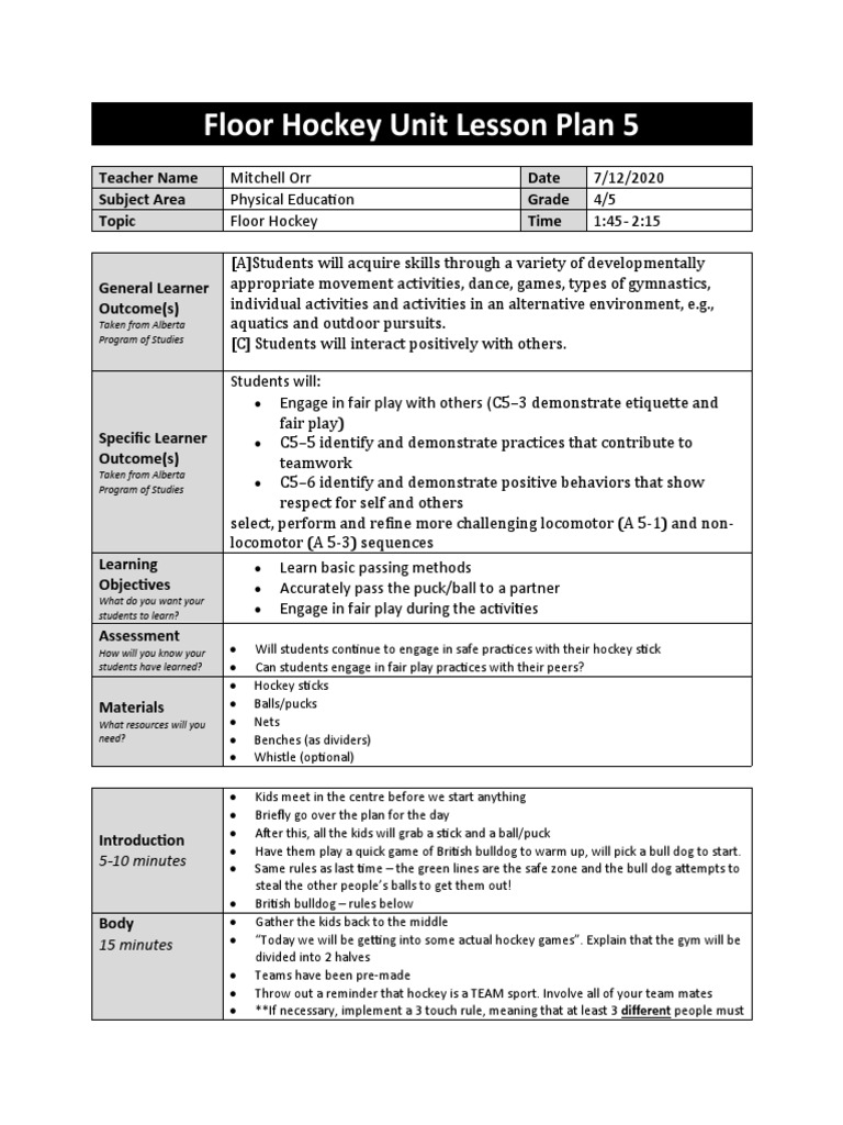 Floor Hockey Unit Lesson Plan 5: Teacher Name Date Subject Area Grade ...