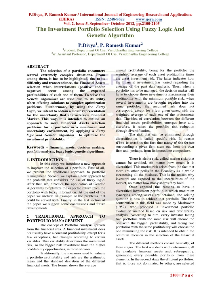 The Investment Portfolio Selection Using Fuzzy Logic And Pdf Pdf