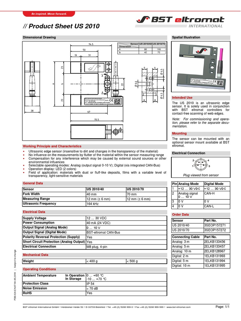 Product Sheet US 2010: Intended Use | PDF | Sensor | Analog Signal