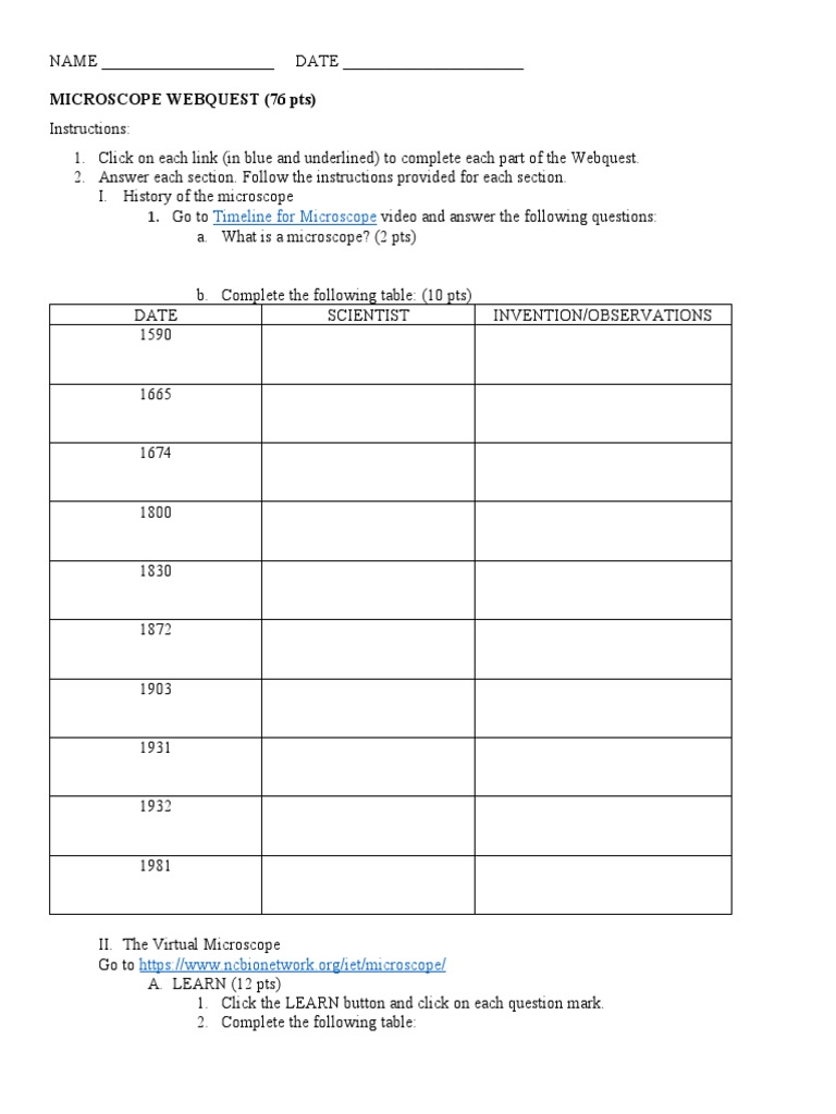 Microscope Webquest Guide and Quiz | PDF | Microscope | Scientific ...