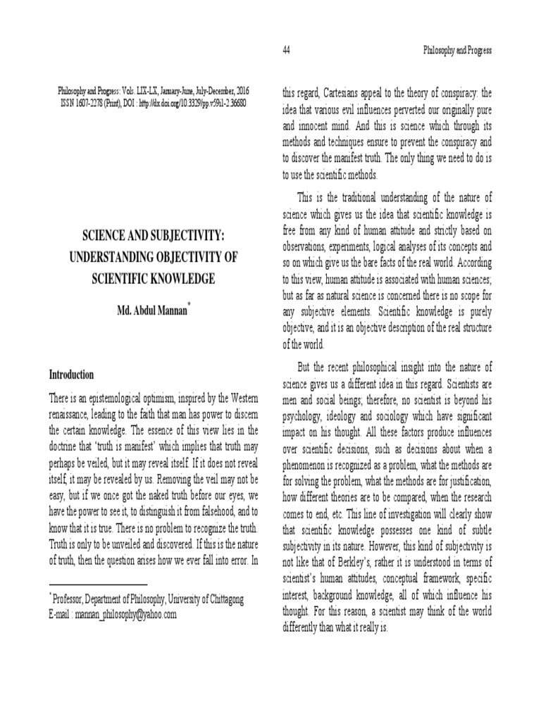 Science and Subjectivity: Understanding Objectivity of Scientific ...