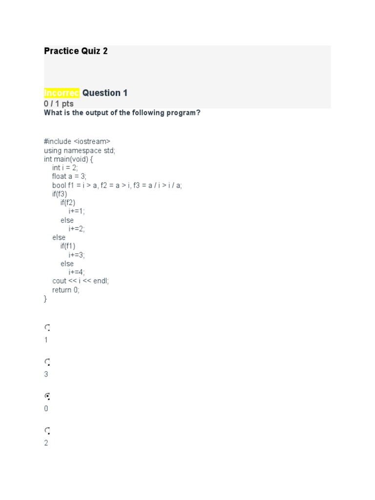 Practice Quiz 1 To 8 Ite 6102 2013t Partner Cpa Programming Essentials In C Pdf Software