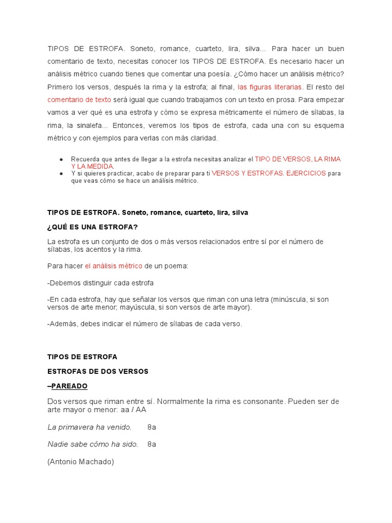 Tipos de Estrofa en Poesía: Guía Completa | PDF | Metro (poesía ...