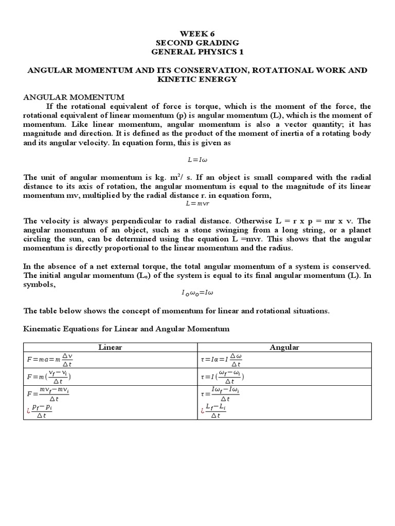 Week 6 Second Grading General Physics 1 Angular Momentum and Its ...