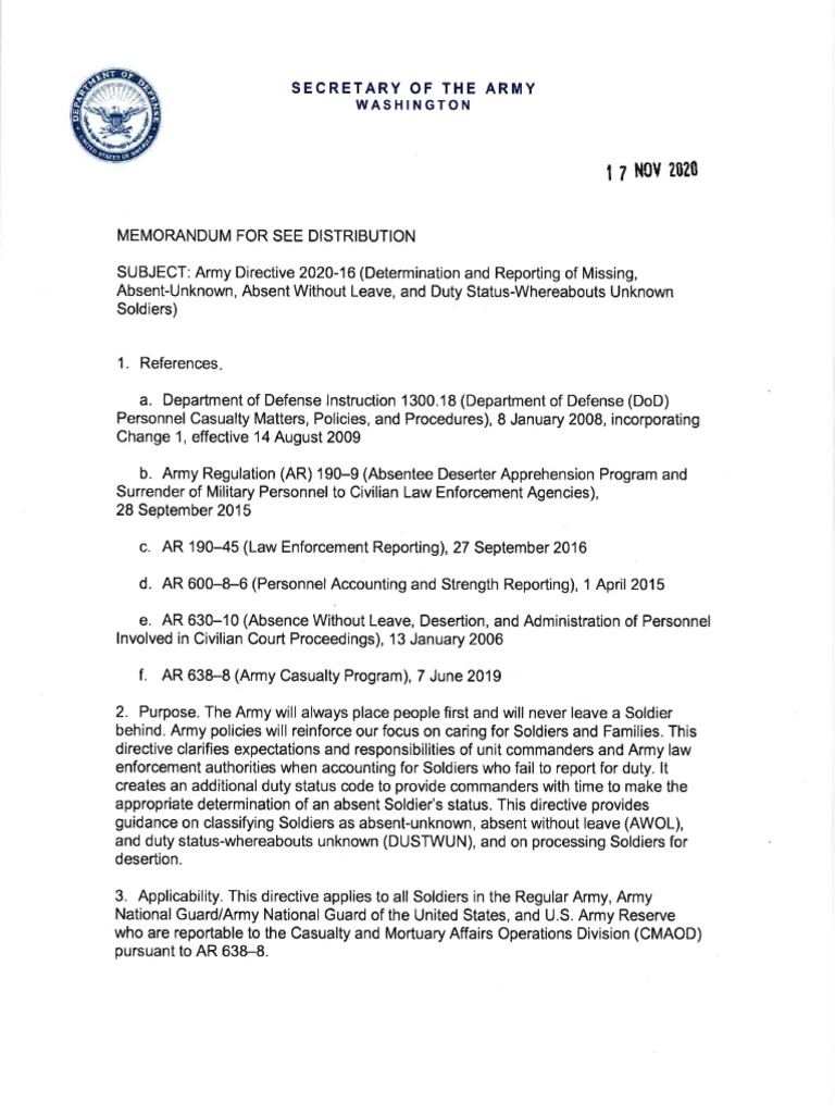 Army Directive 2020 - 16 Missing Soldier Policy | PDF