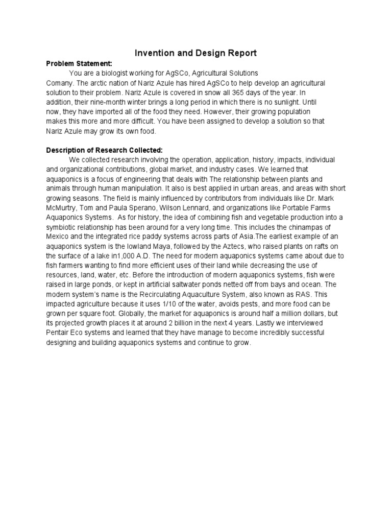 Invention and Design Report | PDF | Aquaponics | Aquarium