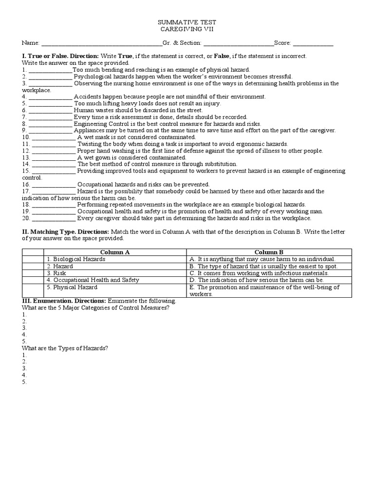 SUMMATIVE TEST Caregiving 7 Part 3 | PDF | Occupational Safety And ...