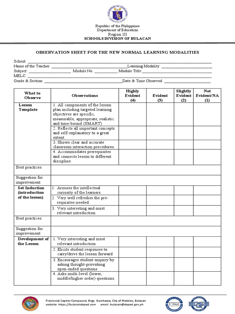 Observation Sheet For The New Normal Learning Modalities: Schools ...