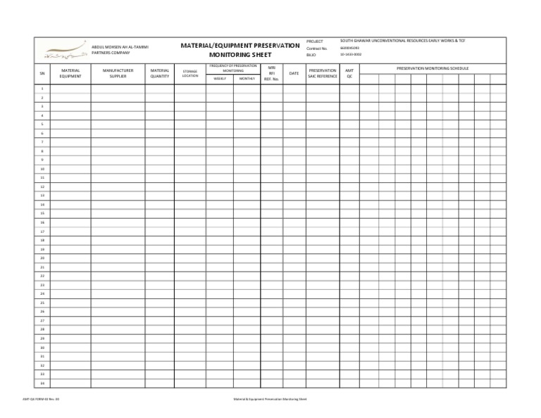 Material & Equipment Preservation Monitoring Sheet | PDF