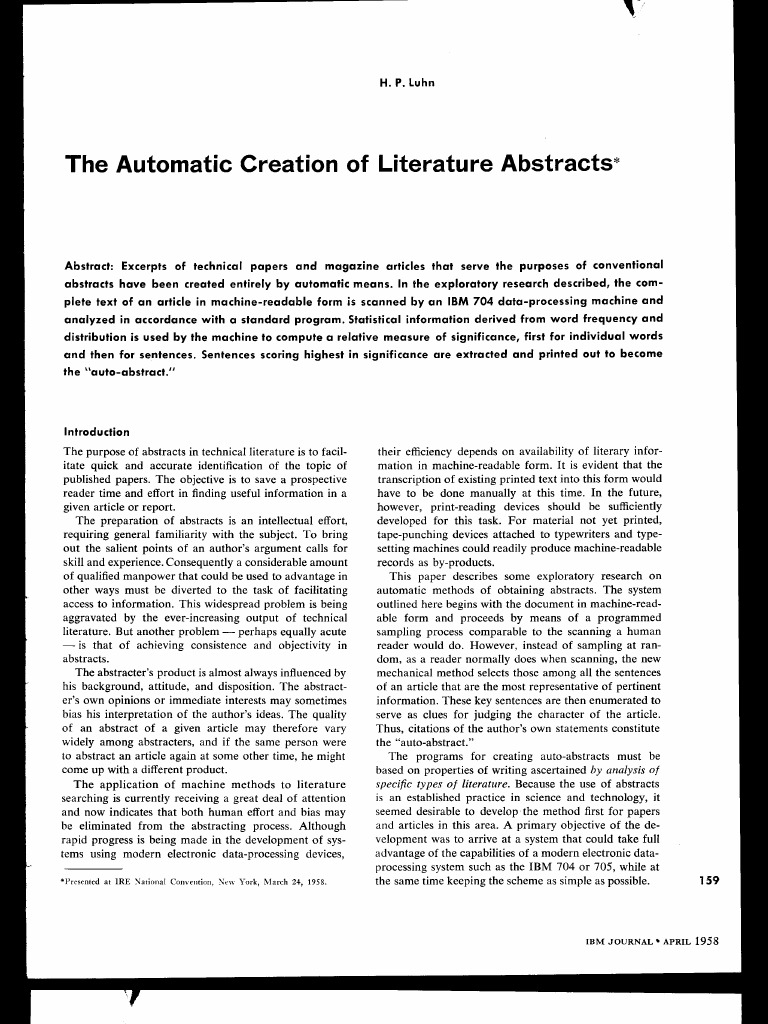 1958 - The Automatic Creation of Literature Abstracts | Abstract ...