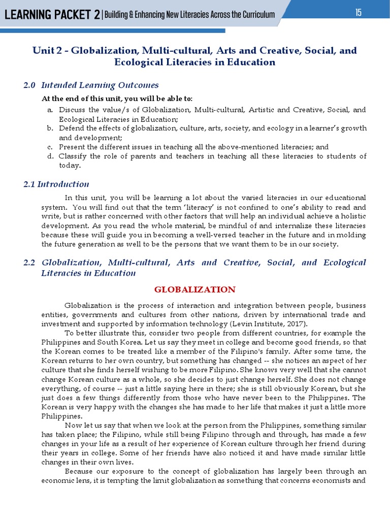 Unit 2 - Globalization, Multi-Cultural, Arts and Creative, Social, and ...