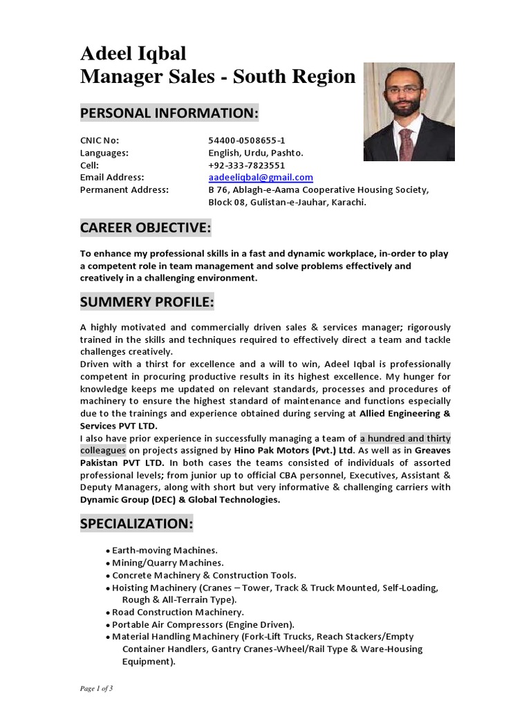 CV Adeel Iqbal - Manager Sales & Services - South Region | PDF ...