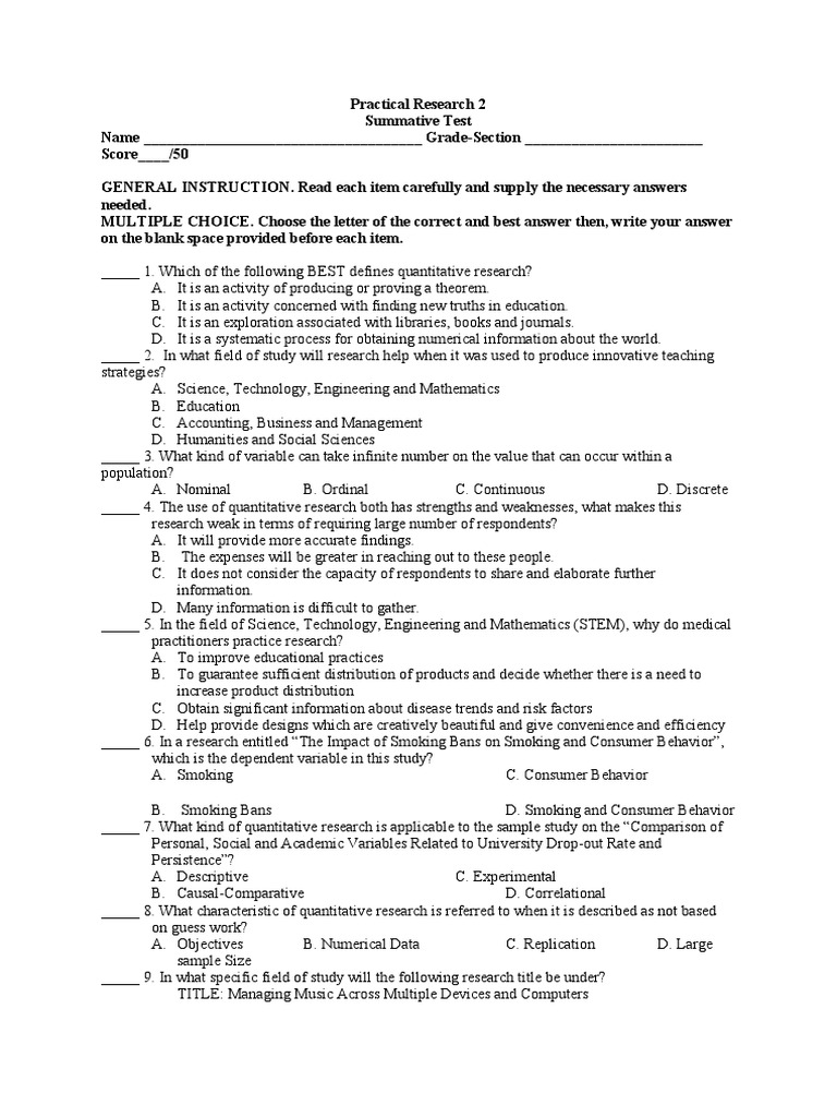 Practical Research 2 Summative Test Q1 | PDF | Quantitative Research ...