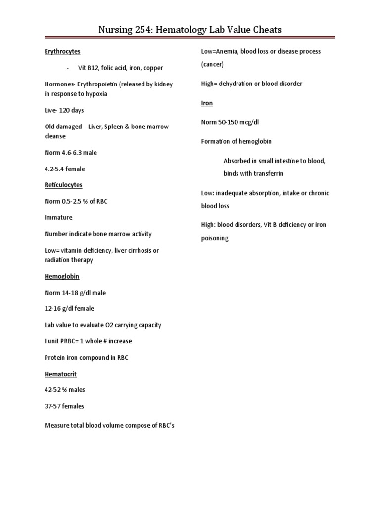 Nursing 254: Hematology Lab Value Cheats: Erythrocytes | PDF