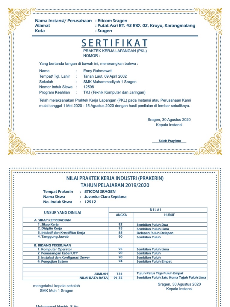 sERTIFIKAT PKL PDF | PDF