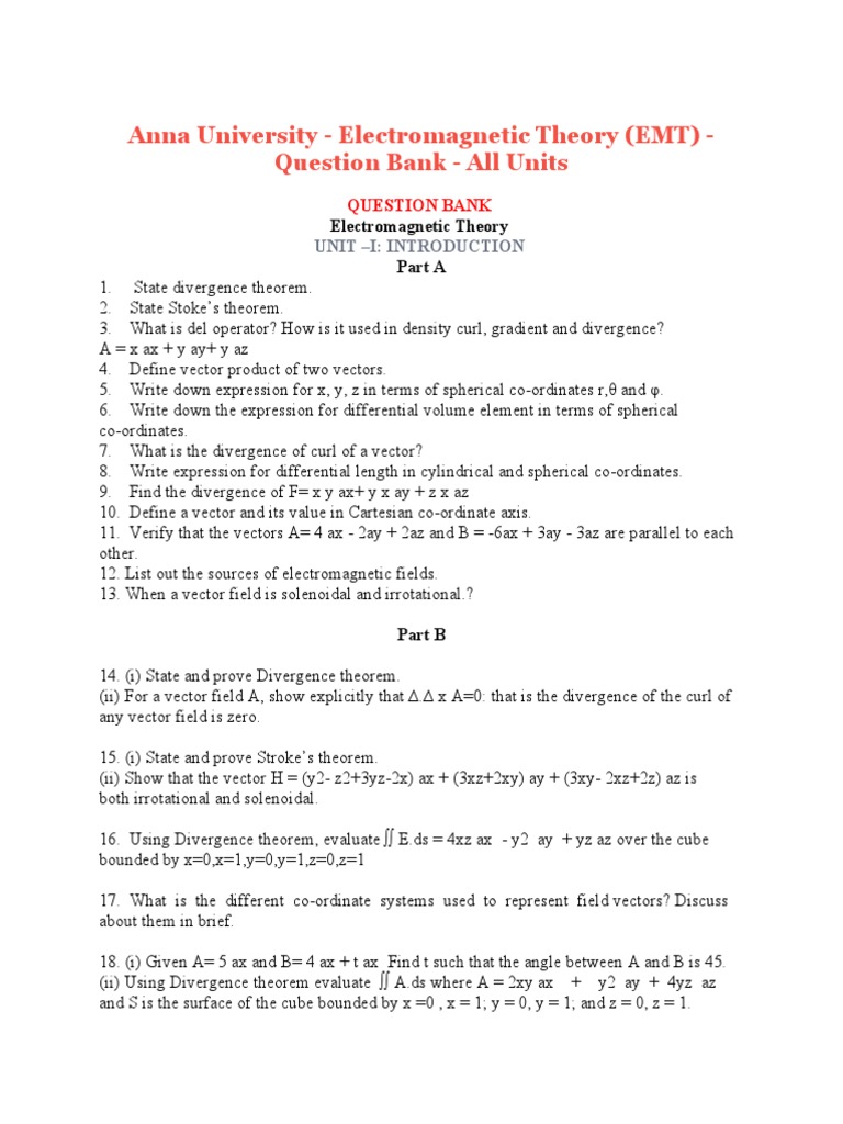 Anna University - Electromagnetic Theory (EMT) - Question Bank - All ...