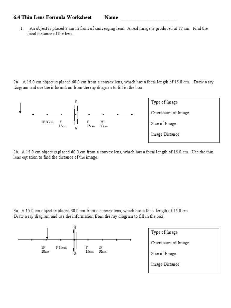 6.4 Thin Lens Formula Worksheet Name | PDF | Optical Devices | Lenses