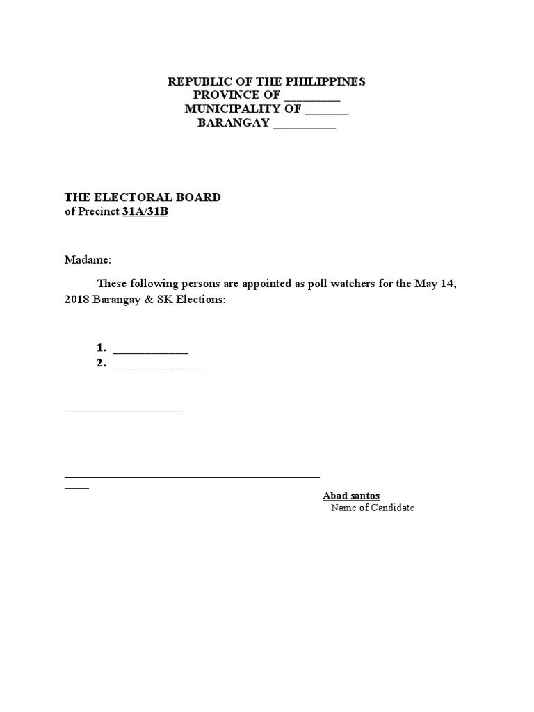 Appointment of Poll Watchers for Barangay and SK Elections in Precincts ...