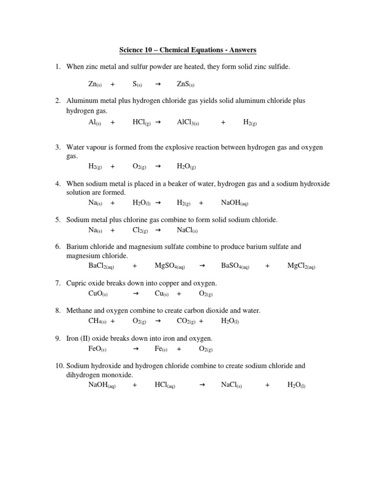 Science 10 - Chemical Equations - Answers | PDF