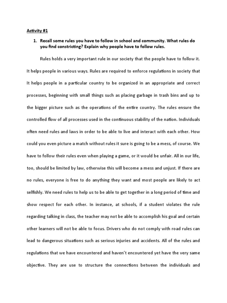 Activity #1 1. Recall Some Rules You Have To Follow in School and ...