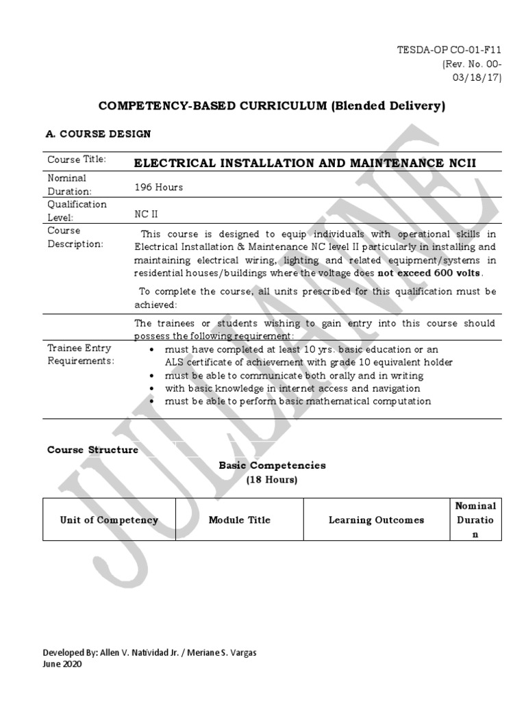 Competency-Based-Curriculum-EIM-NC-II-Blended Footer | PDF | Electrical ...
