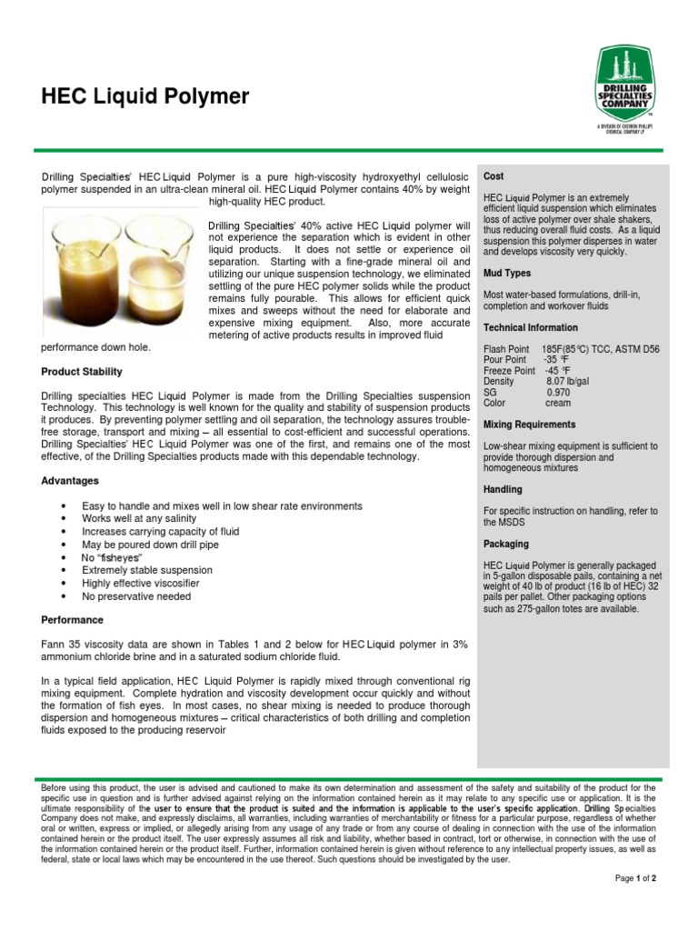 HEC Liquid Polymer: Product Stability | PDF | Viscosity | Liquids