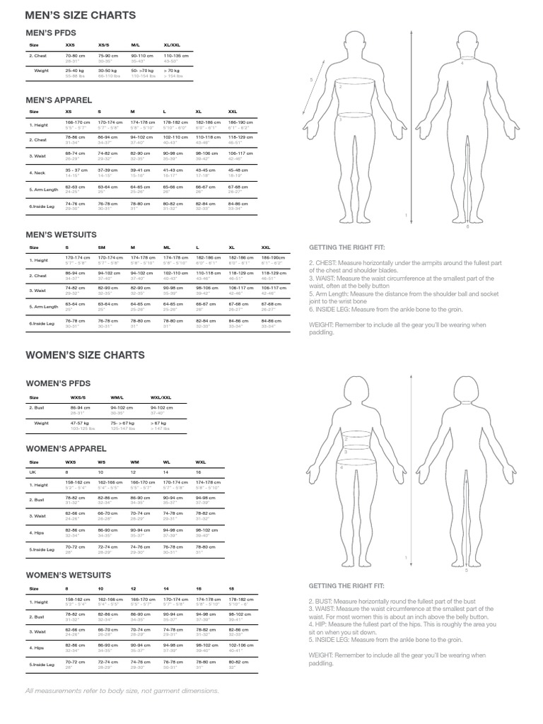 Men'S PFDS: Women'S Size Charts | PDF | Waist | Sports