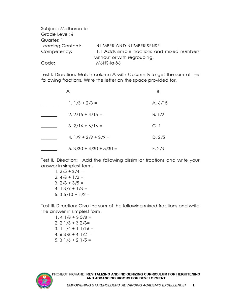 1st Quarter Grade 6 Math Item Bank | PDF | Fraction (Mathematics ...