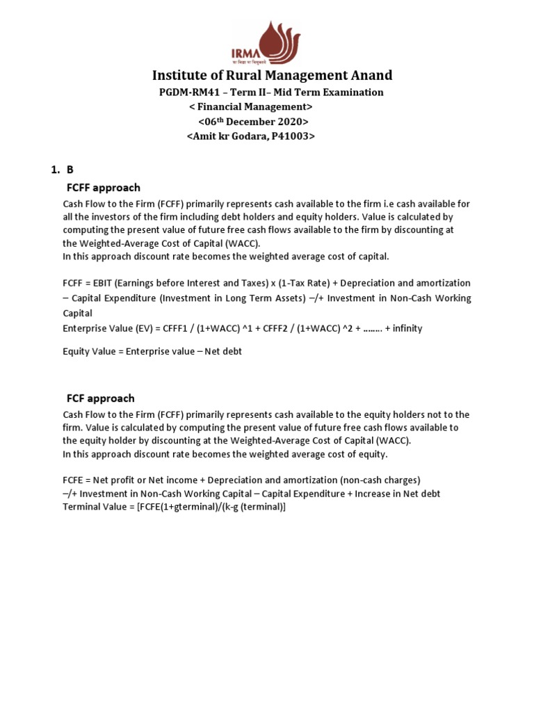 Institute of Rural Management Anand: 1. B FCFF Approach | PDF | Free ...