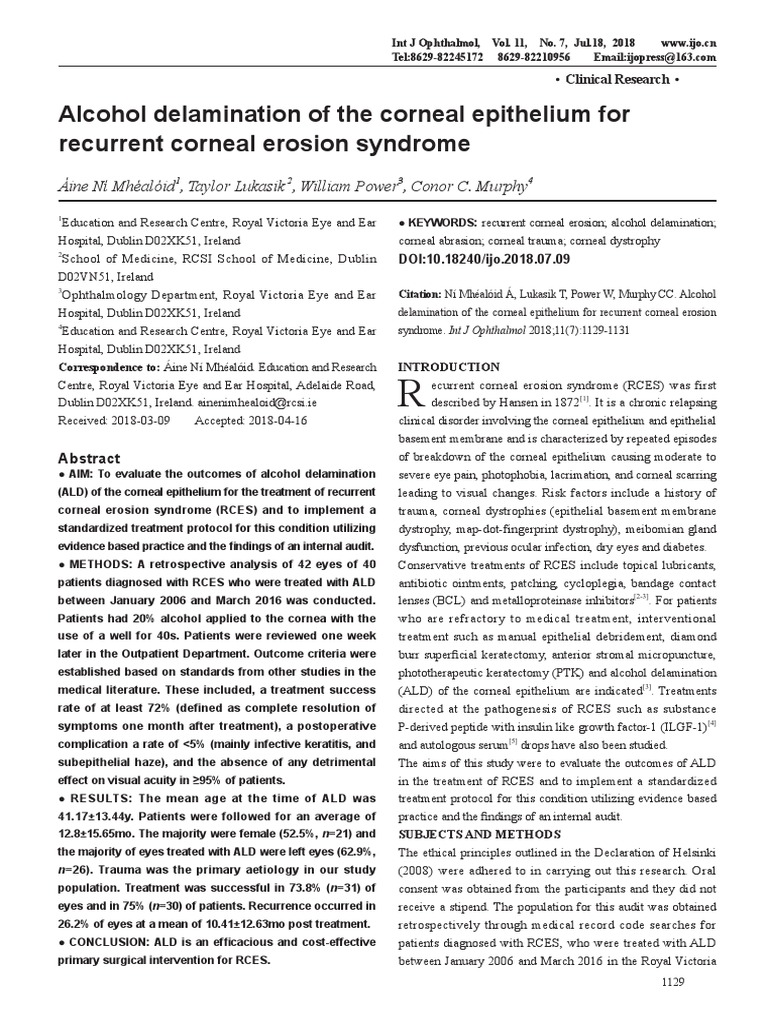 Alcohol Delamination of The Corneal Epithelium For Recurrent Cor 2018 ...