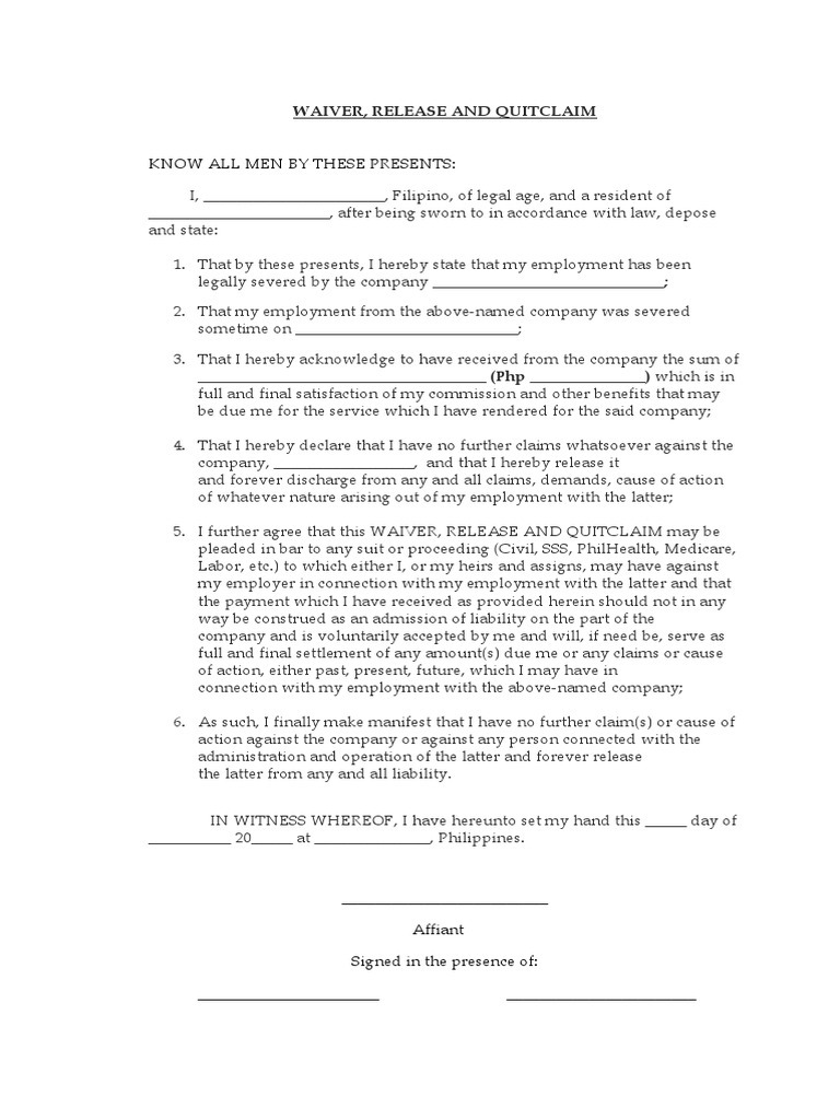 Sample Quitclaim | PDF | Civil Law (Common Law) | Employment