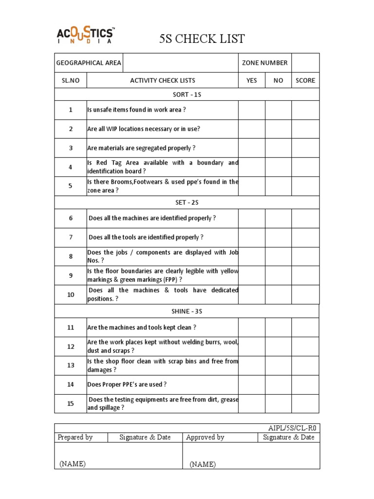 5S Check List: Geographical Area Zone Number SL - No Activity Check ...