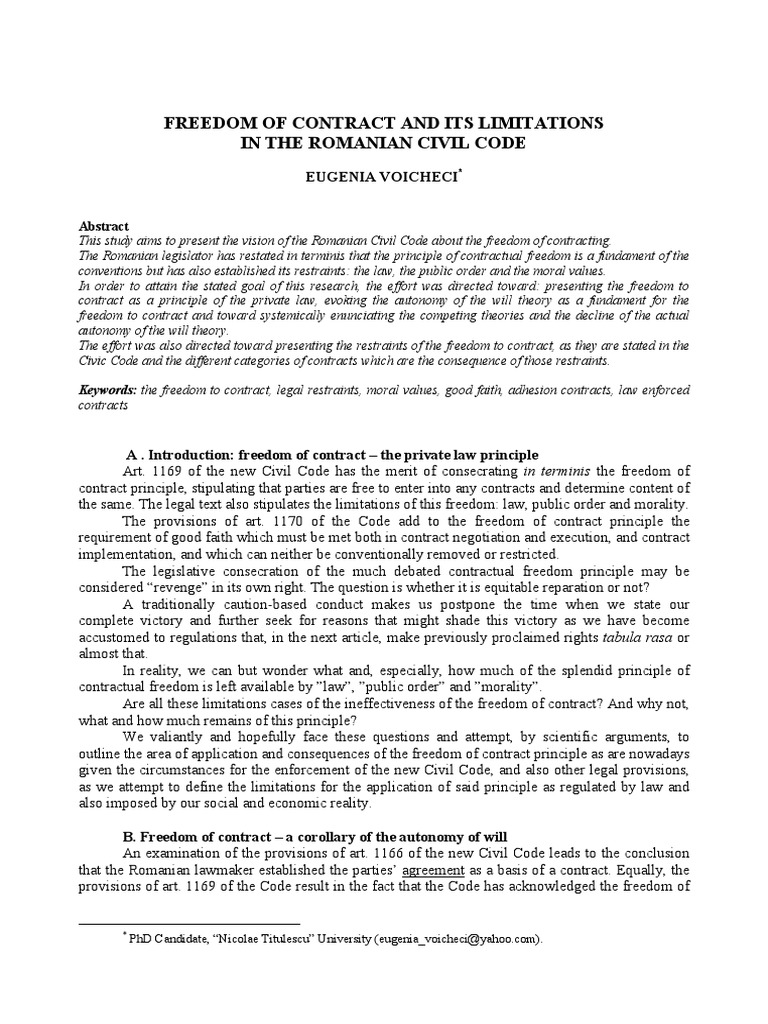 Freedom of Contract and Its Limitations in The Romanian Civil Code ...