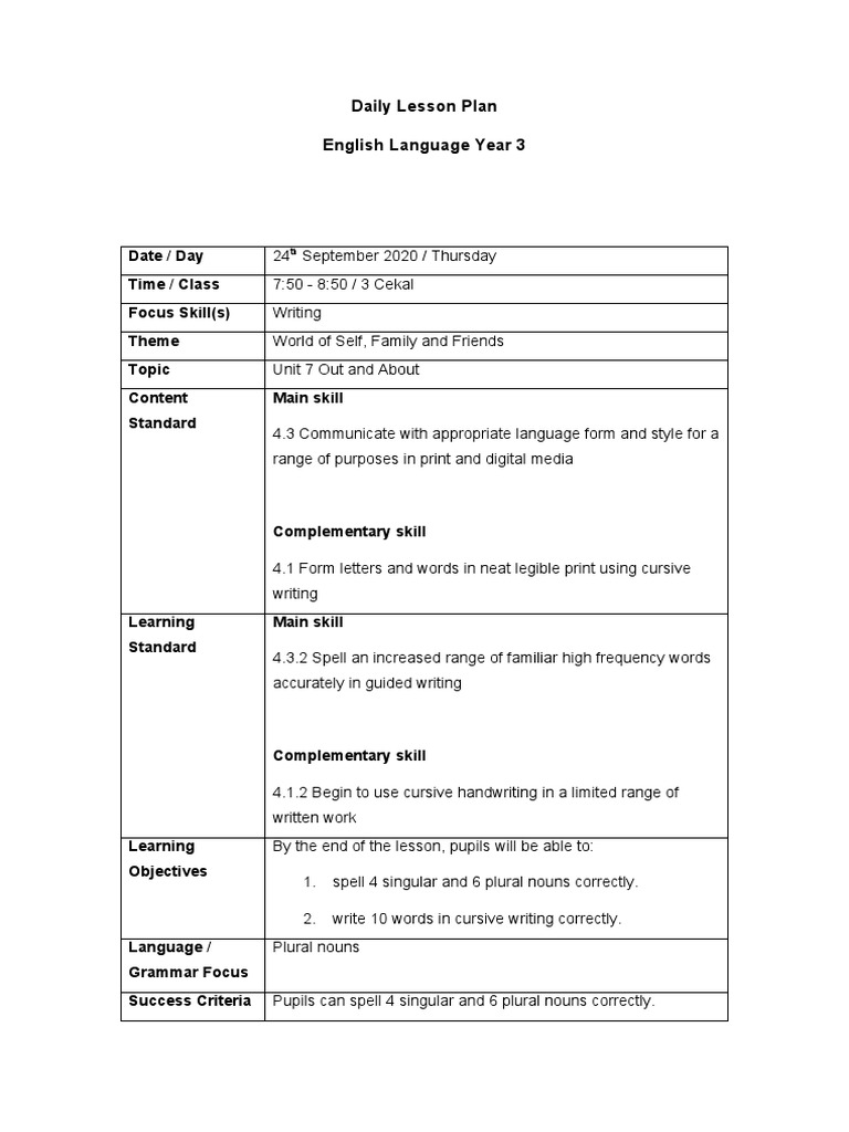 Daily Lesson Plan English Language Year 3: Date / Day Time / Class ...