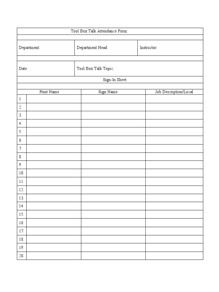 Tool Box Talk Attendance Form | PDF